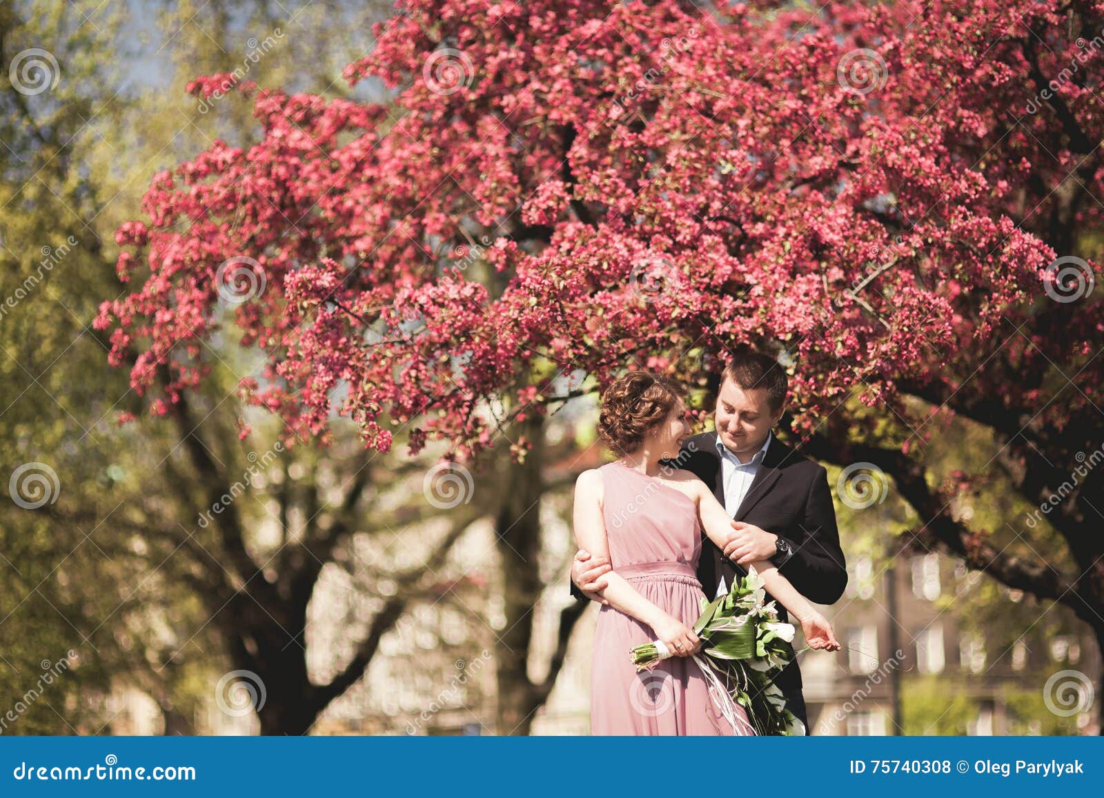 Young Wedding Couple Posing Near Tree with Flowers Stock Photo - Image ...