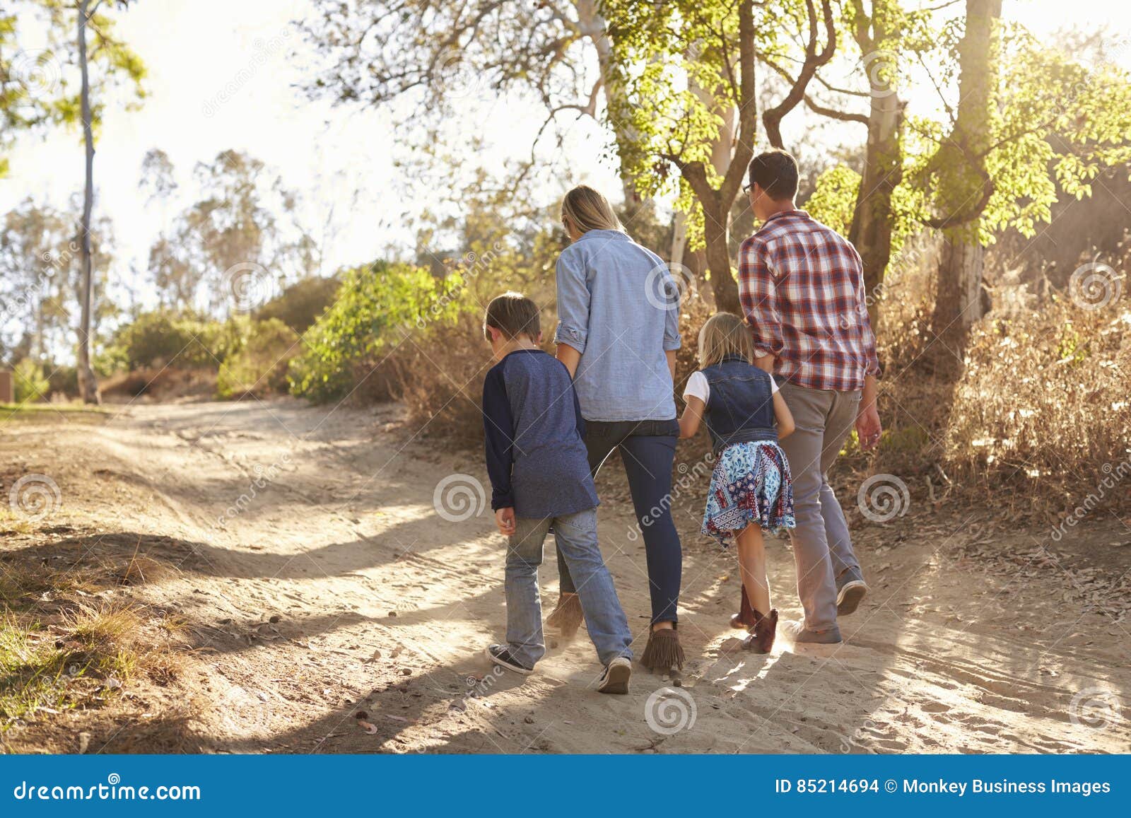 Young White Family Walking on a Path in Sunlight, Back View Stock Photo ...