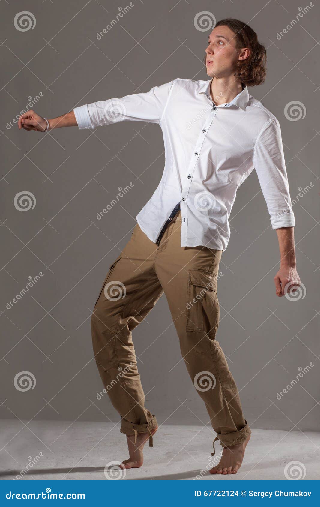 Young White Man Dancing on Gray Background Stock Photo - Image of alone ...