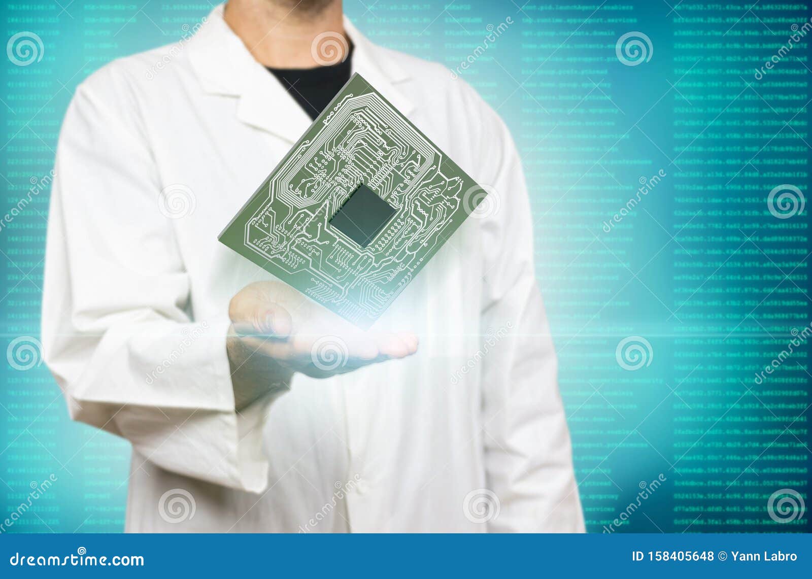 Young White Scientist Holding Computer Microchip on a Modern Blue ...
