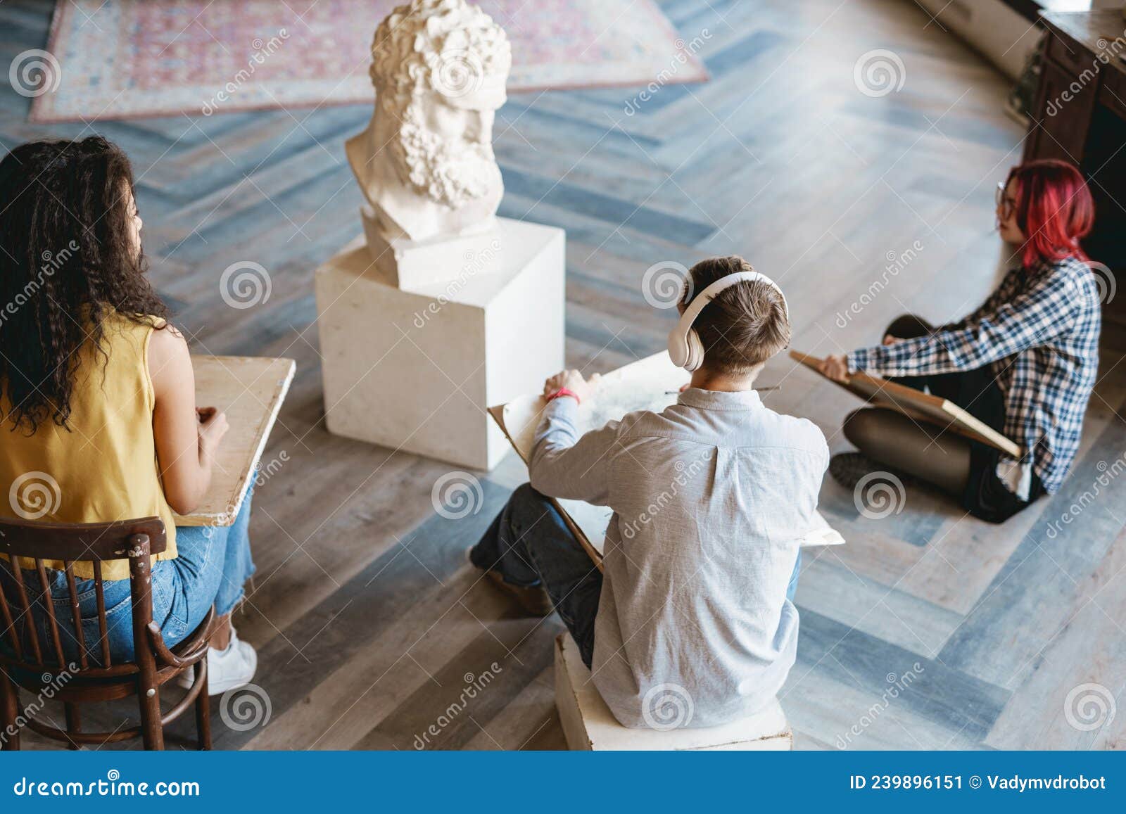 Young White Student Drawing Plaster Bust during Class in Art School ...
