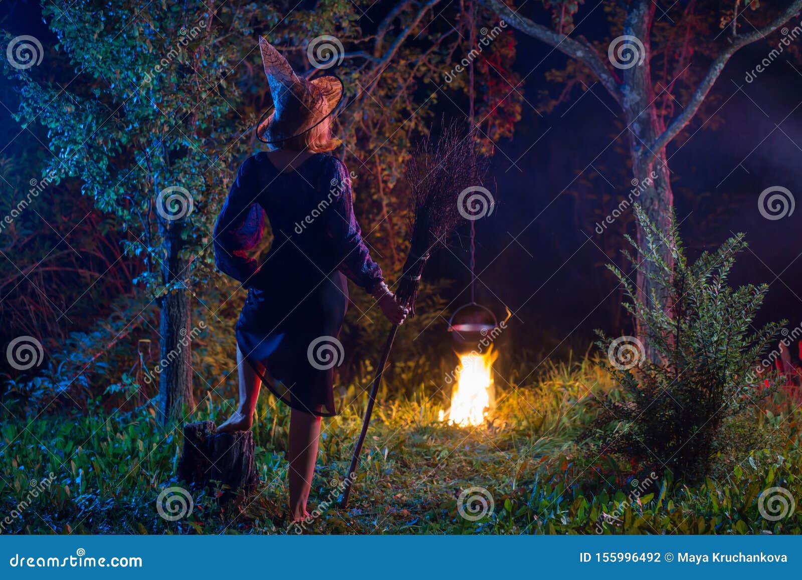 Young Witch by Fire in Night Forest Stock Photo - Image of ancient ...