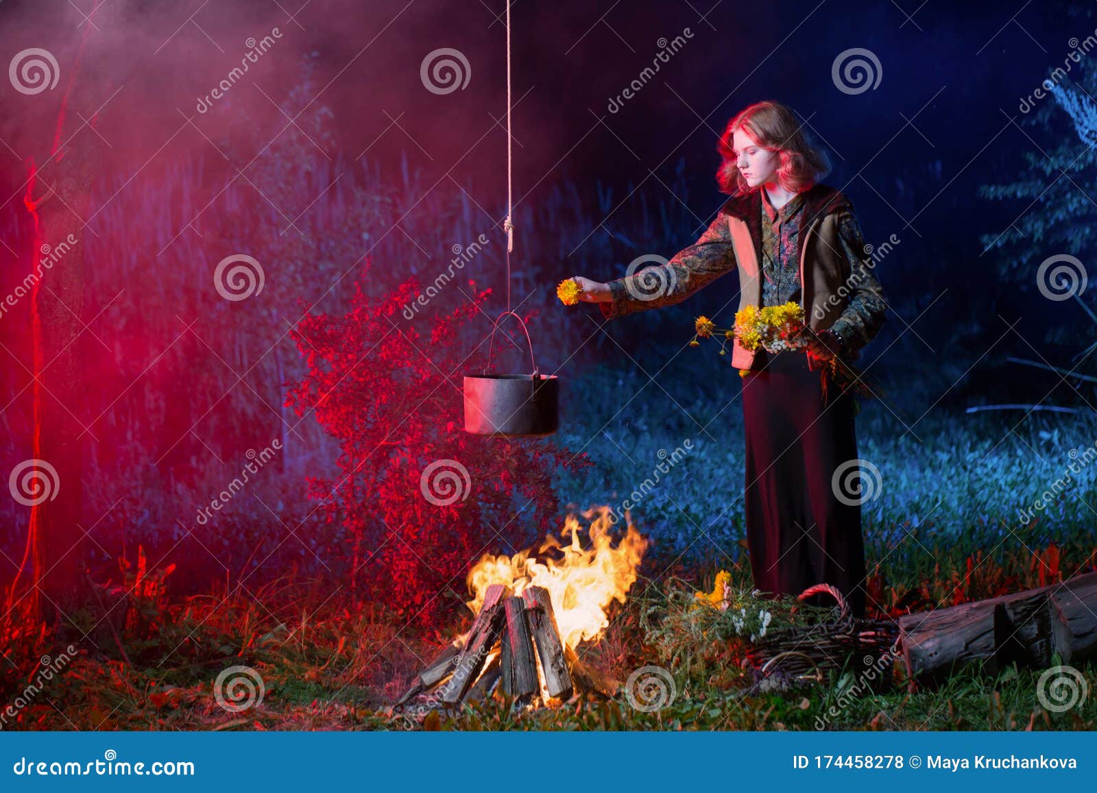 Witch by Fire in Night Forest Prepares Magic Potion Stock Photo - Image ...
