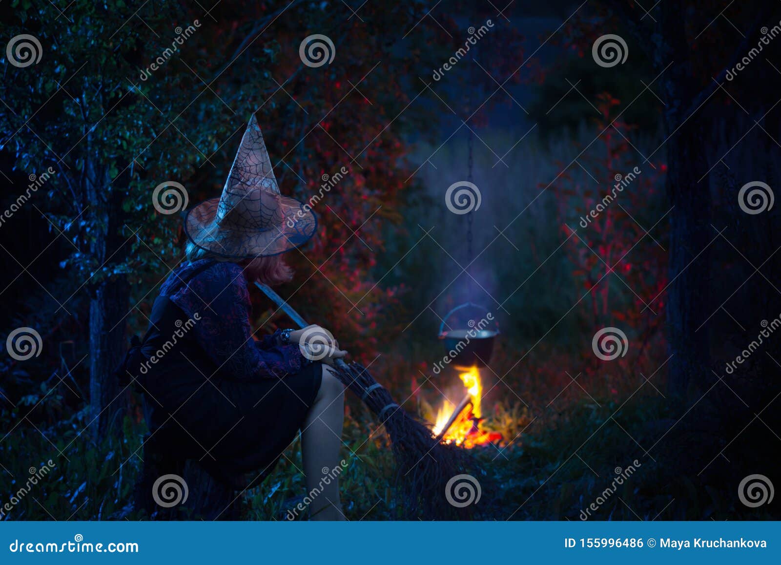 Young Witch by Fire in Night Forest Stock Photo - Image of gothic, blue ...