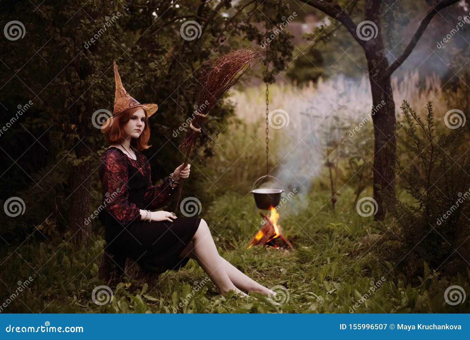 Young Witch by Fire in Night Forest Stock Image - Image of mystical ...