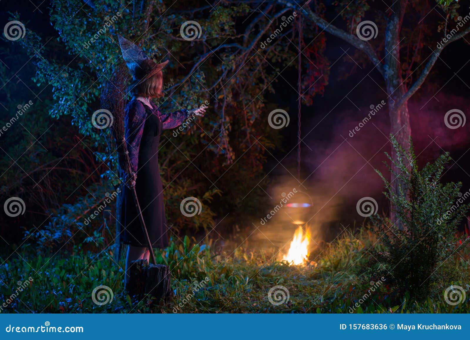 Young Witch by Fire in Night Forest Stock Photo - Image of magician ...