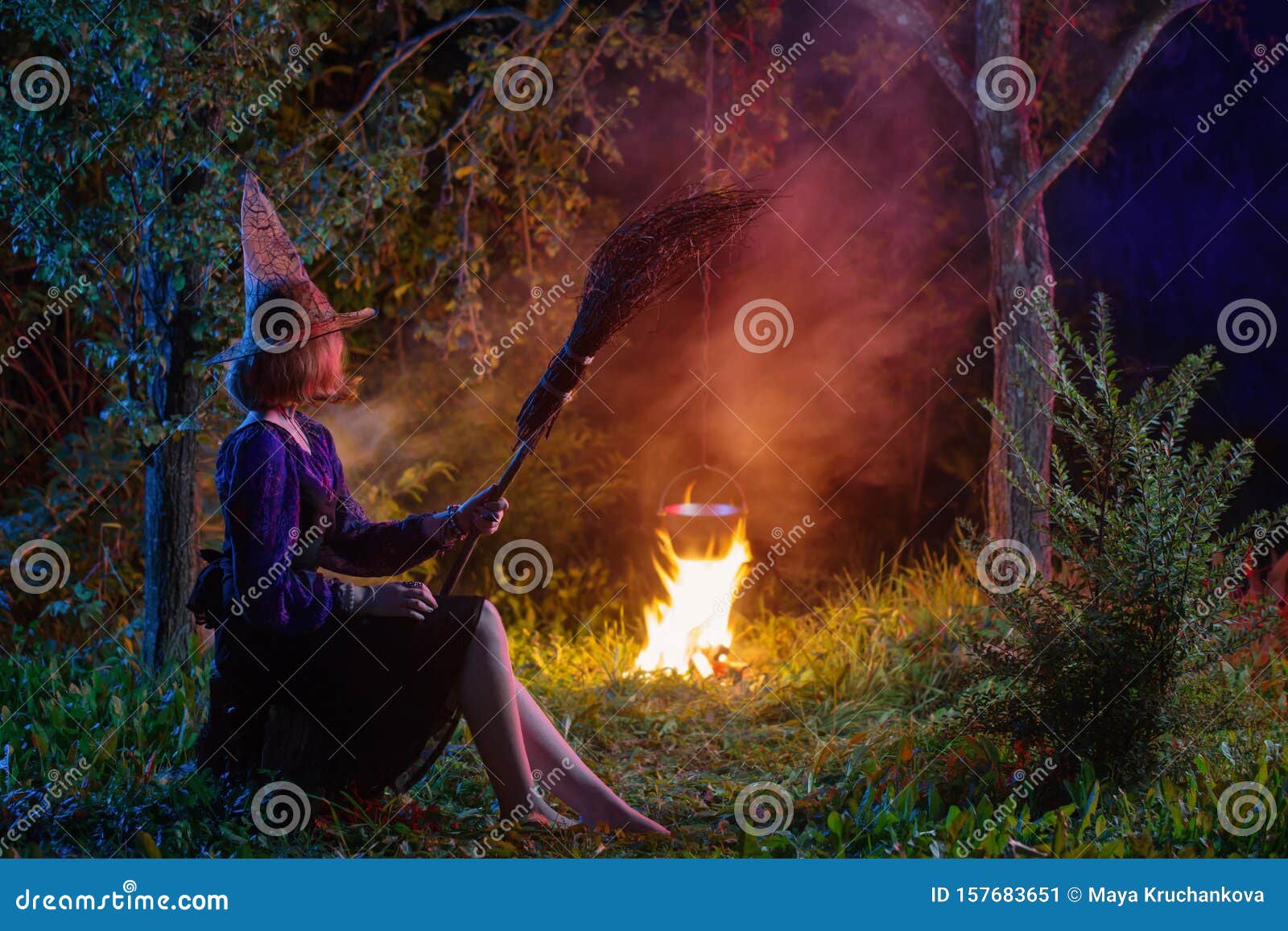 Young Witch by Fire in Night Forest Stock Image - Image of black, girl ...
