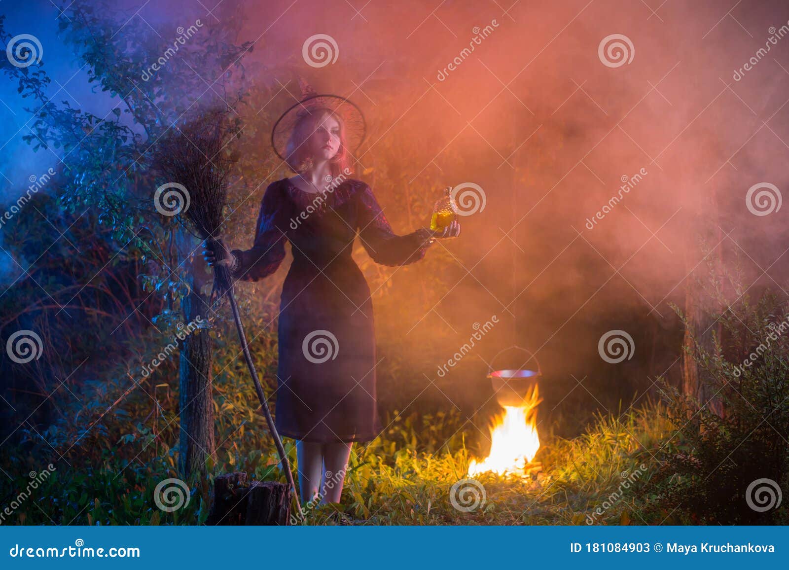 Young Witch by Fire in Night Forest Stock Image - Image of females ...