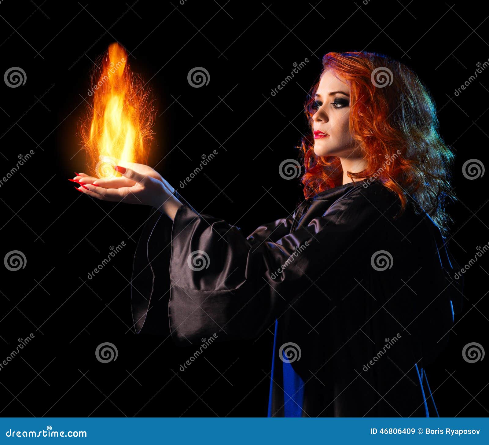 Young Witch Girl Holds Fire Isolated Stock Image - Image of flame ...