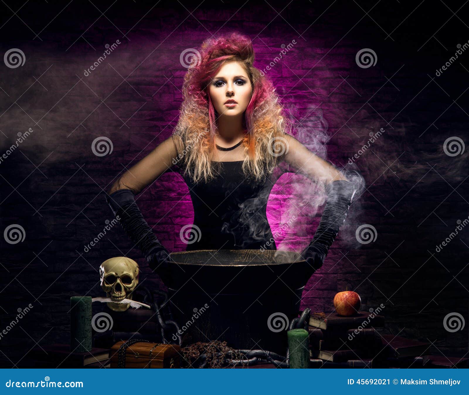 Young Witch Making Witchcraft in a Hallowen Dungeon Stock Image - Image ...