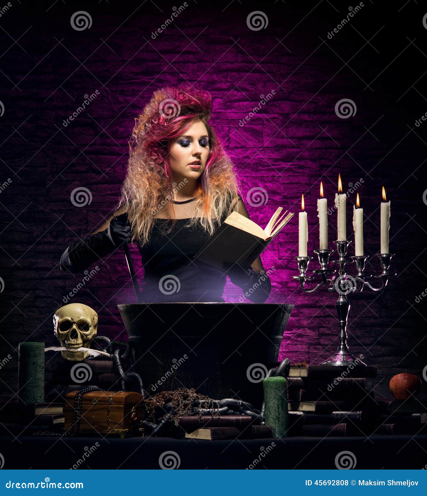 Young Witch Making Witchcraft in a Hallowen Dungeon Stock Photo - Image ...