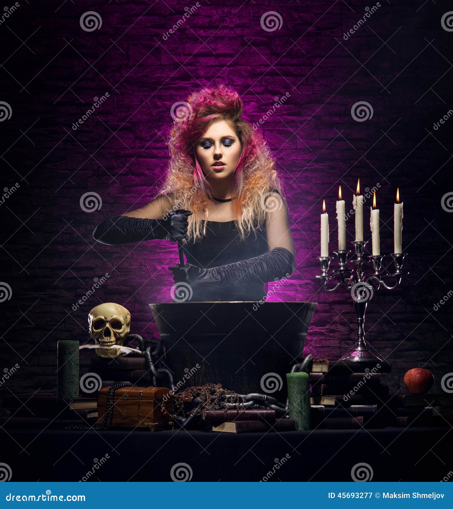 Young Witch Making Witchcraft in a Hallowen Dungeon Stock Image - Image ...