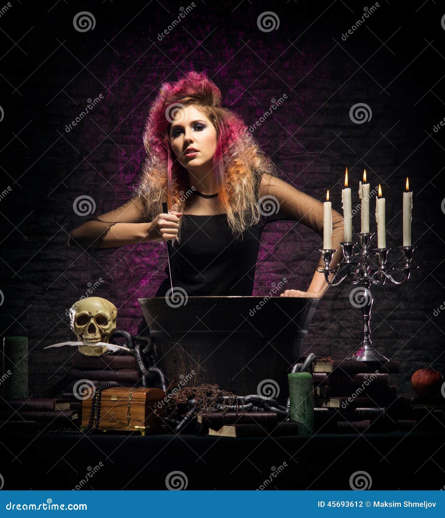 Young Witch Making Witchcraft in a Hallowen Dungeon Stock Photo - Image ...