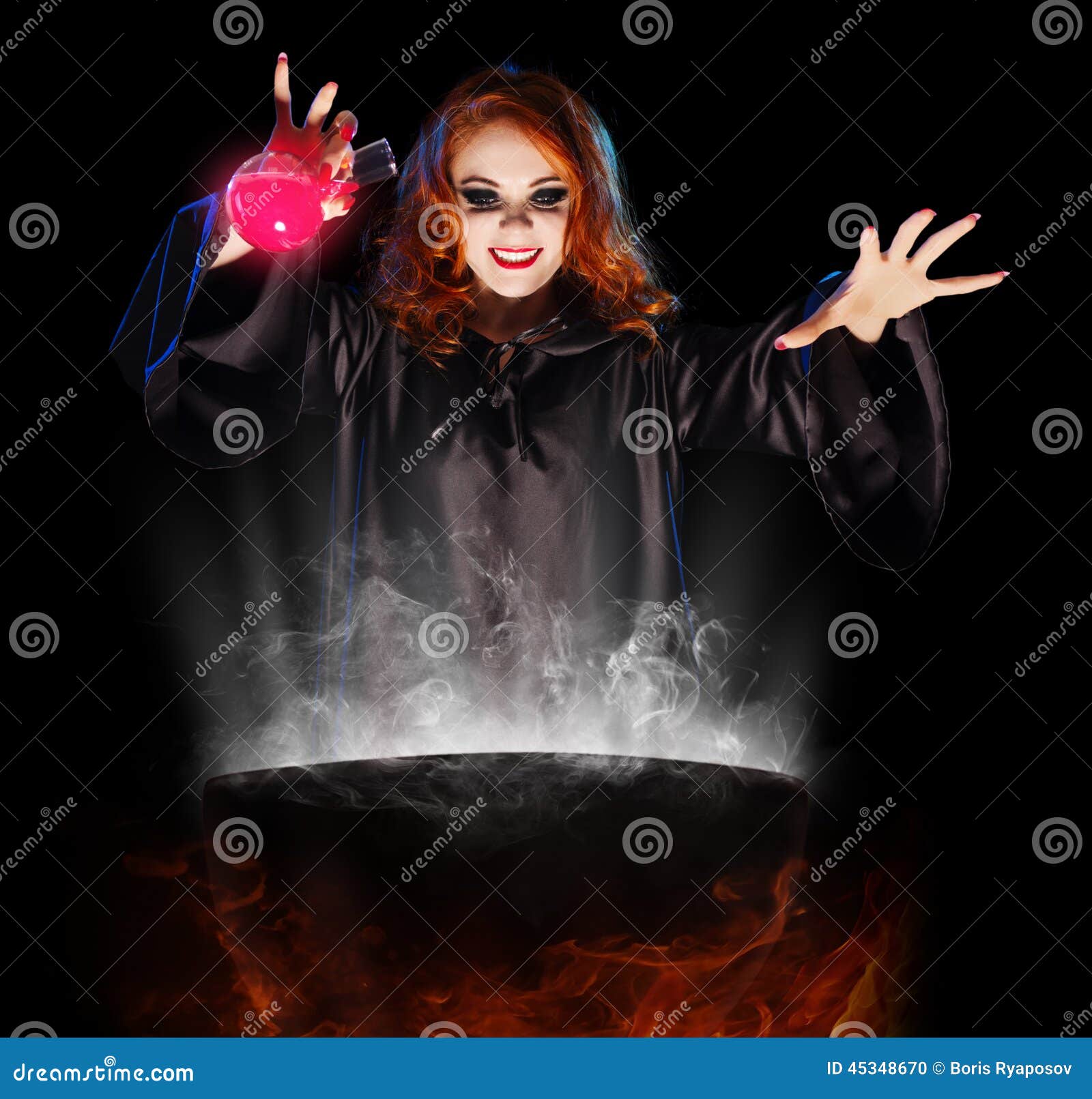 Witch With Red Potion And Cauldron On Night Sky Background Royalty-Free ...