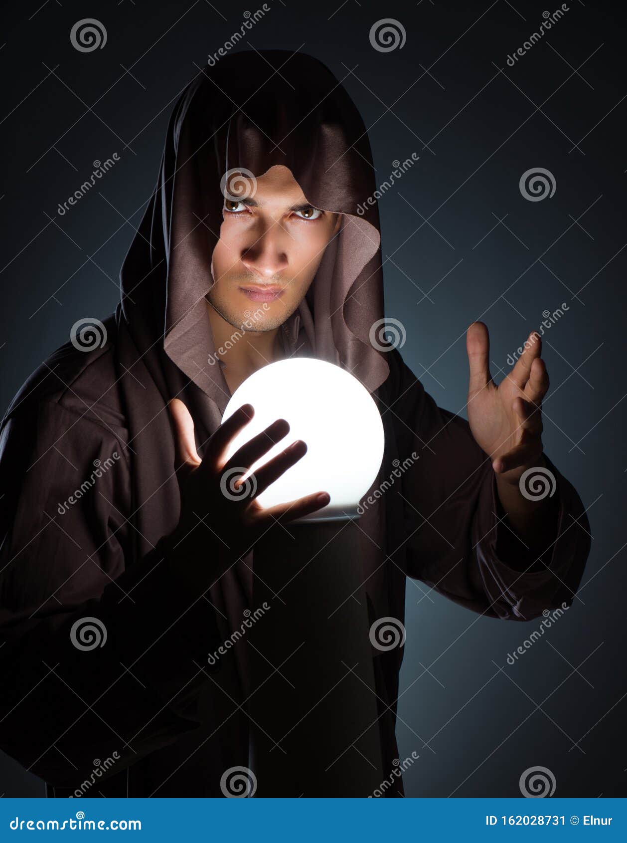 Young Wizard with Crystal Ball in Dark Room Stock Image - Image of ...
