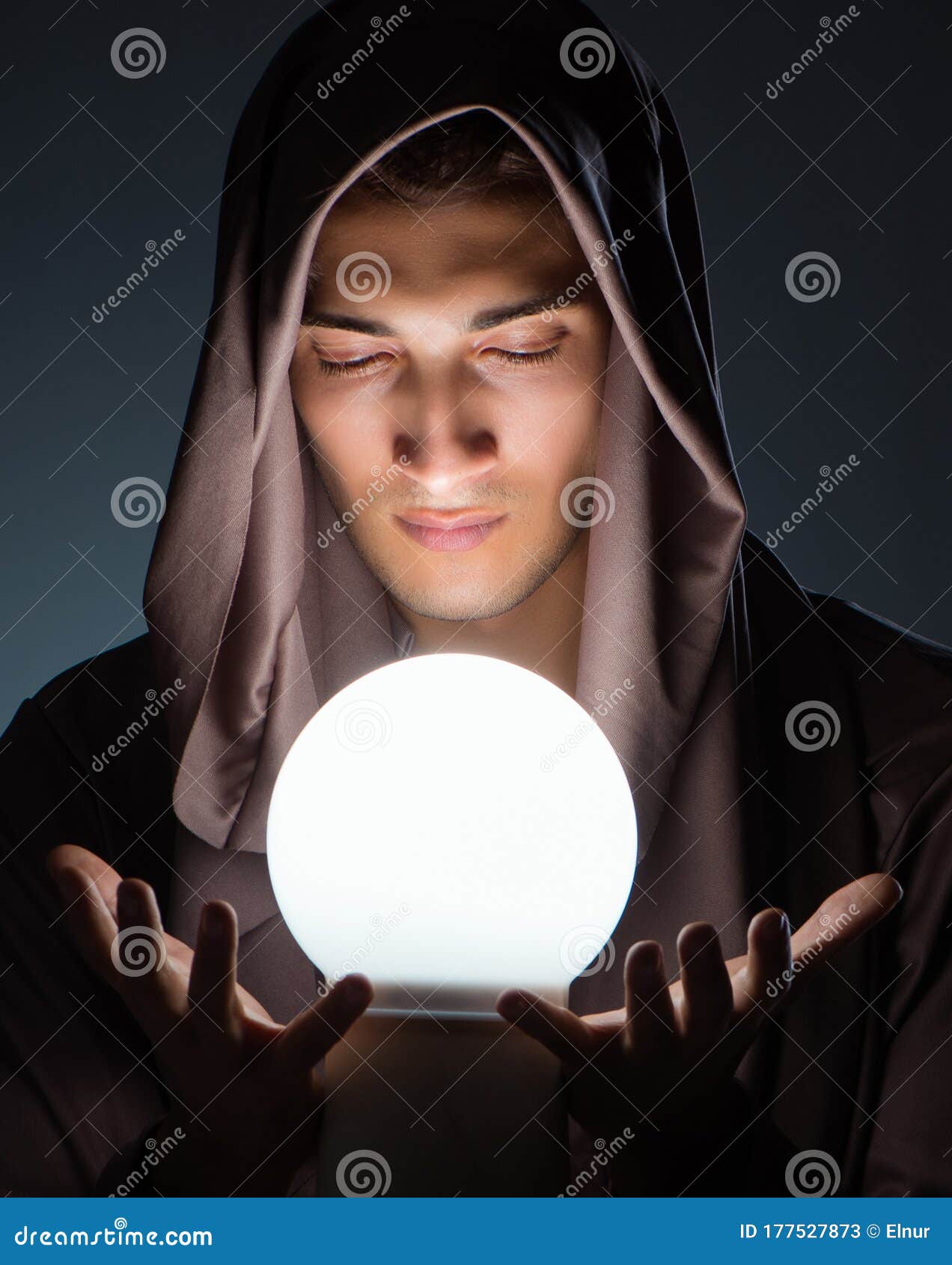 Young Wizard with Crystal Ball in Dark Room Stock Image - Image of ball ...