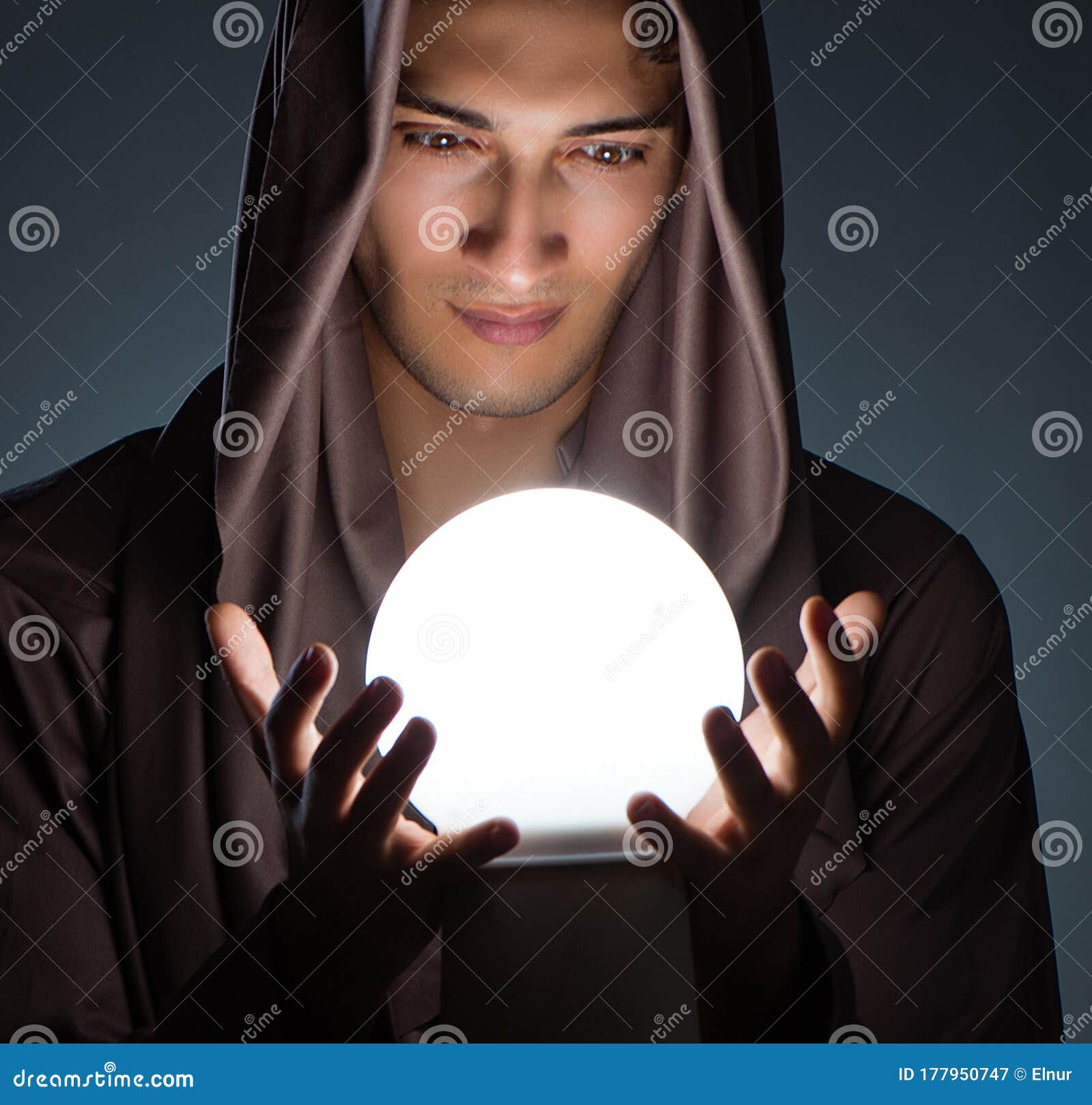 Young Wizard with Crystal Ball in Dark Room Stock Image - Image of ...