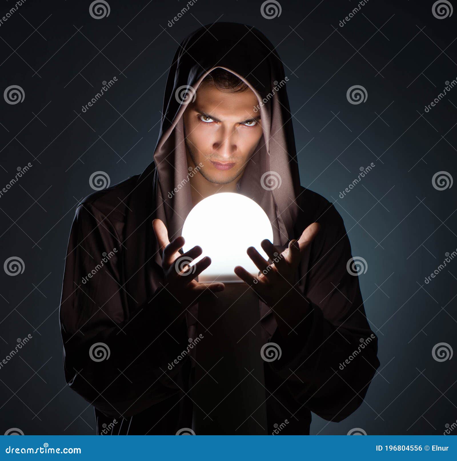 Young Wizard with Crystal Ball in Dark Room Stock Photo - Image of ...