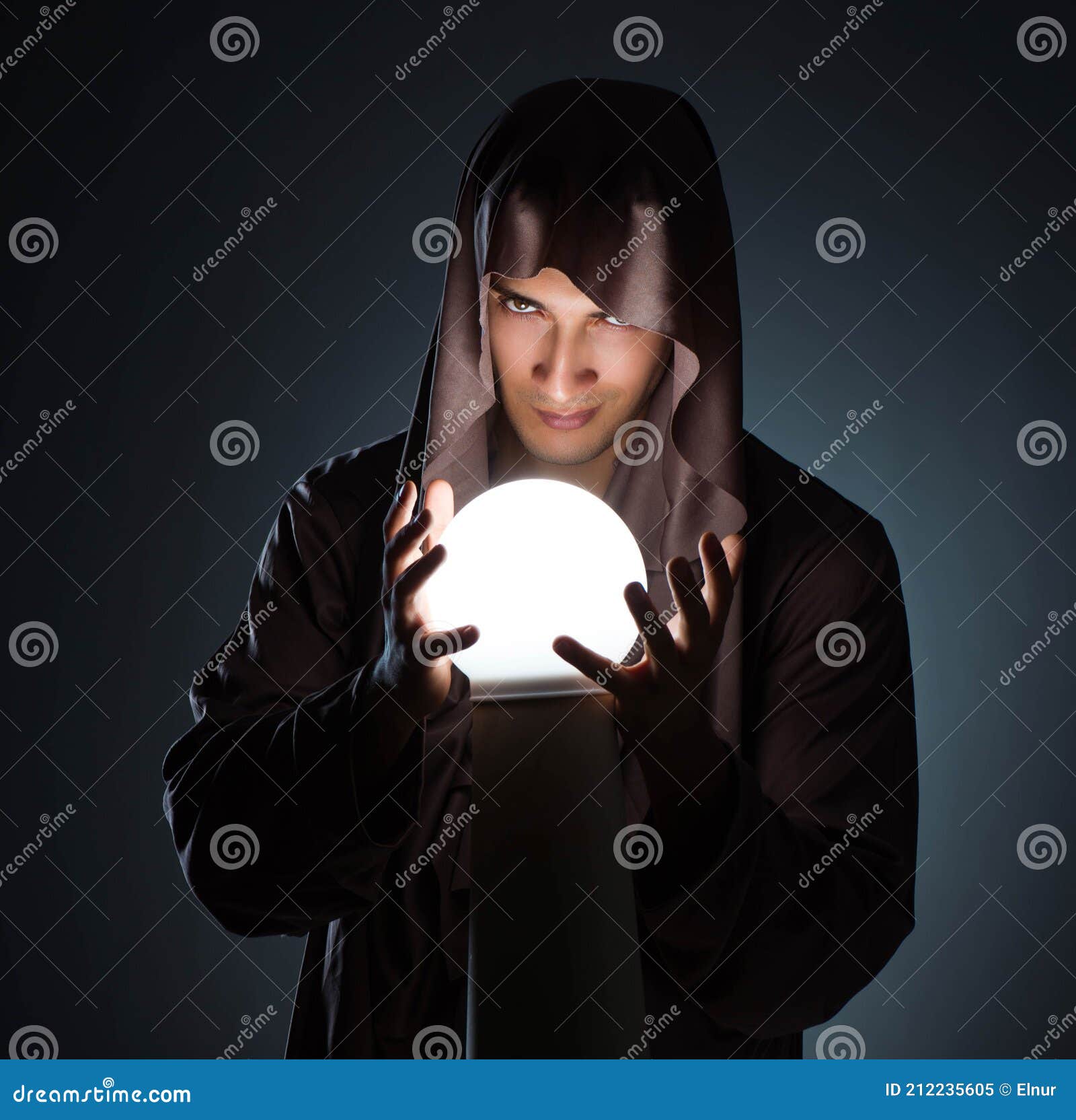 Young Wizard with Crystal Ball in Dark Room Stock Image - Image of ...