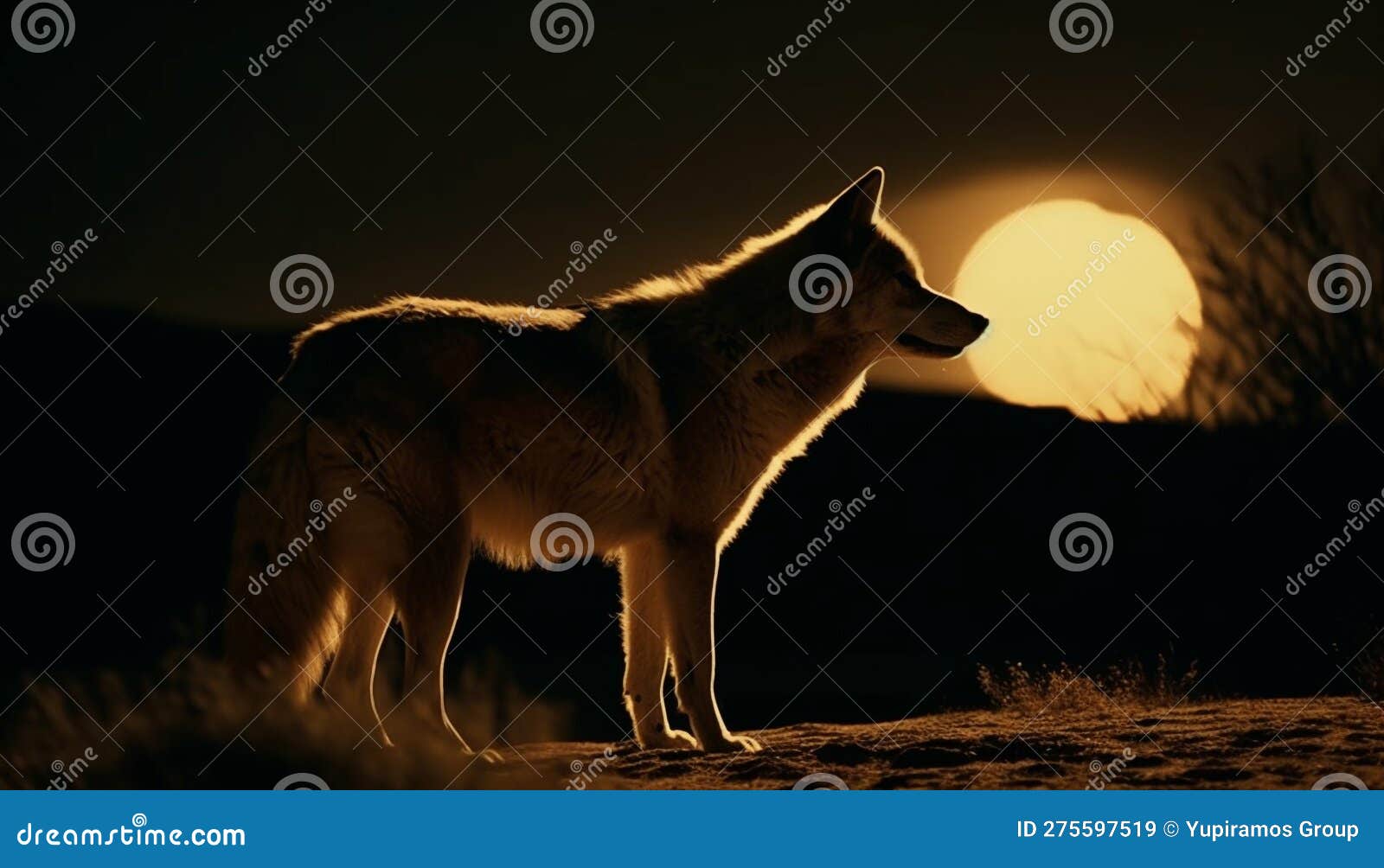 Young Wolf Standing in Grass, Howling at Sunset Generated by AI Stock ...