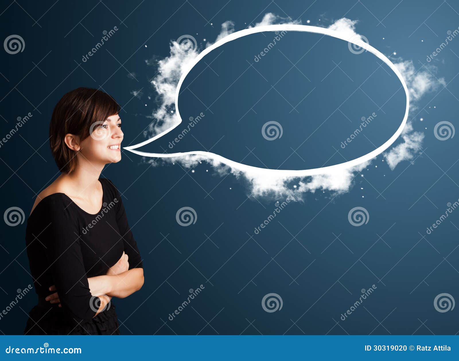 Young Woman with Abstract Modern Speech Bubble Stock Photo - Image of ...