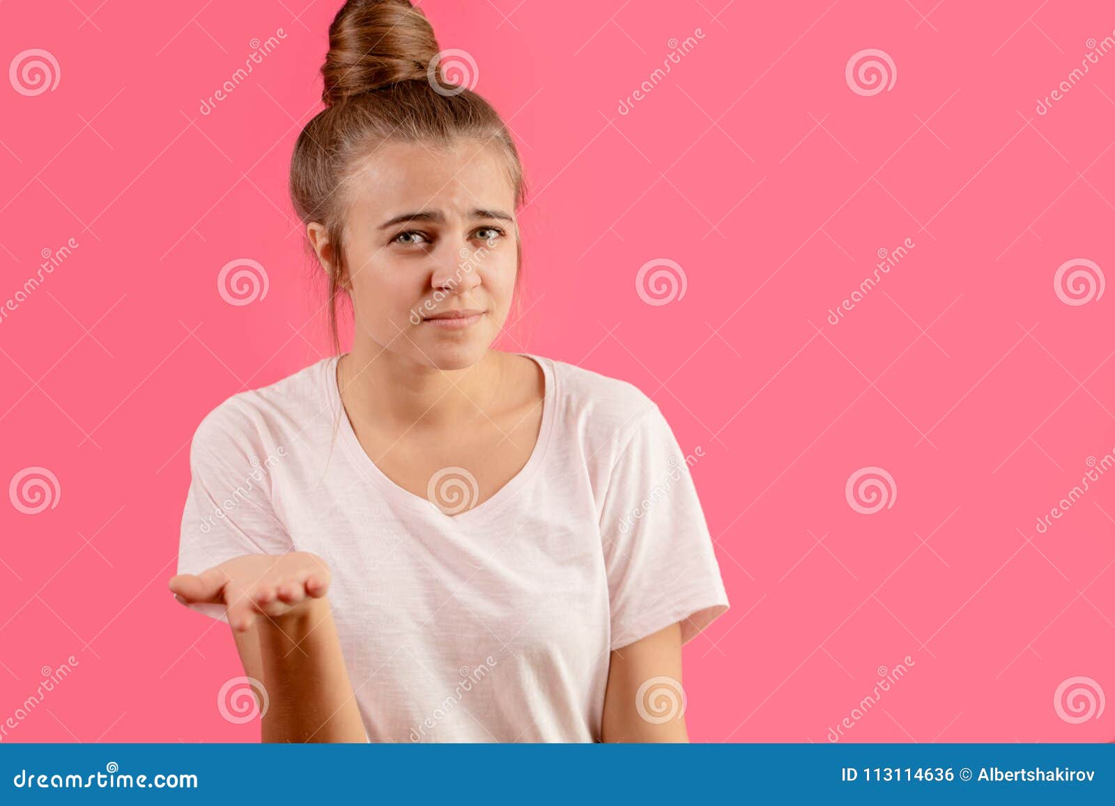 Young Woman with Accusing Face and Open Hand. Stock Photo - Image of ...