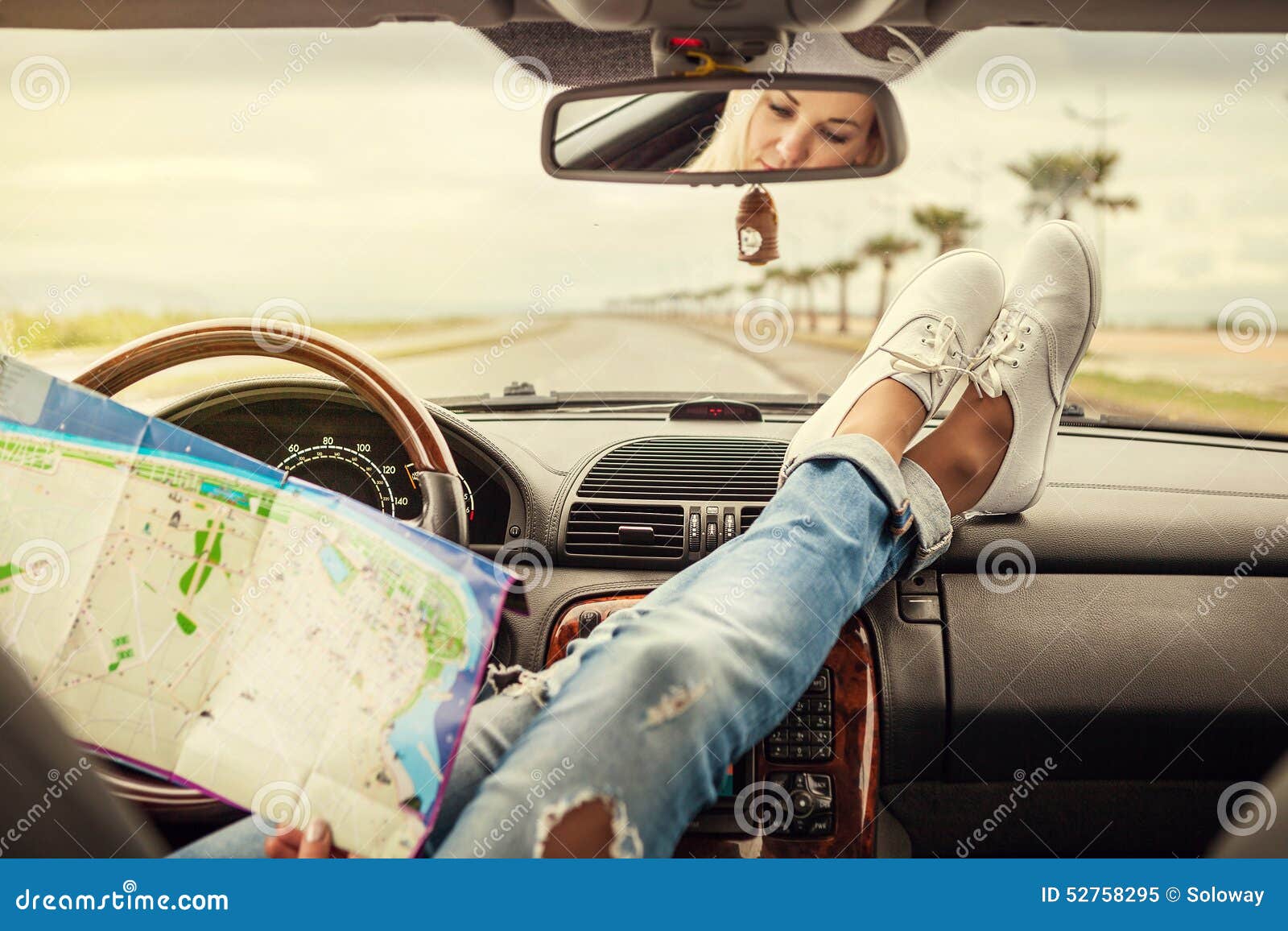 Young Woman Alone Car Traveler with Map Stock Image - Image of lost ...