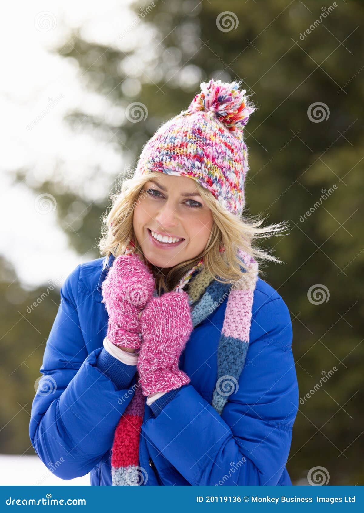 Young Woman in Alpine Snow Scene Stock Photo - Image of happy, vertical ...