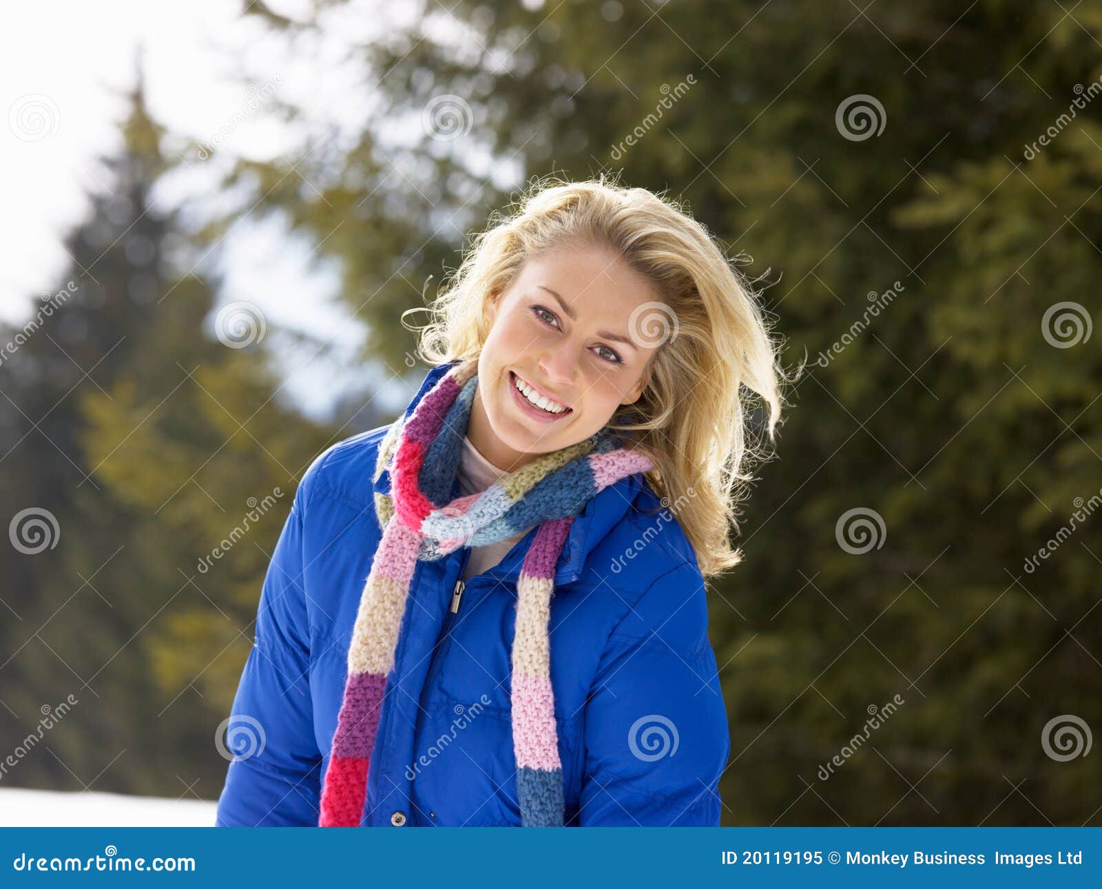 Young Woman in Alpine Snow Scene Stock Image - Image of multi, woman ...