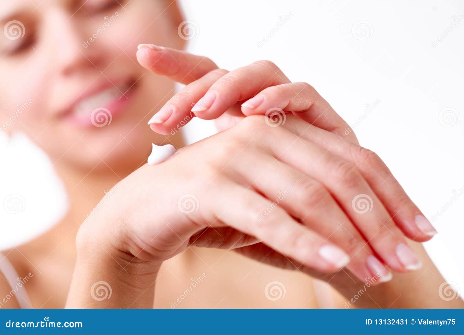 Young Woman Applies Cream On Her Hands Stock Image Image Of Cream