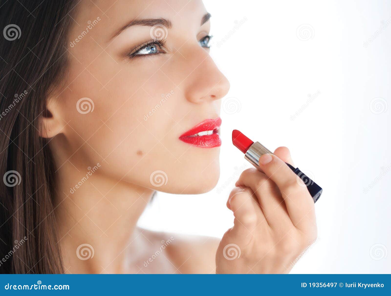Young Woman Applying Lipstick Stock Image - Image of brunette, bright ...