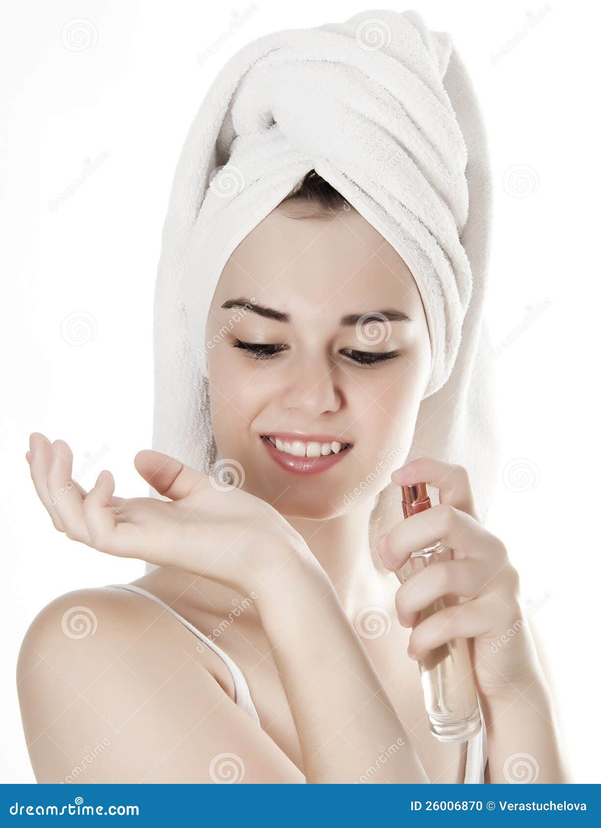 Young Woman Applying Perfume Stock Photo - Image of background, face ...