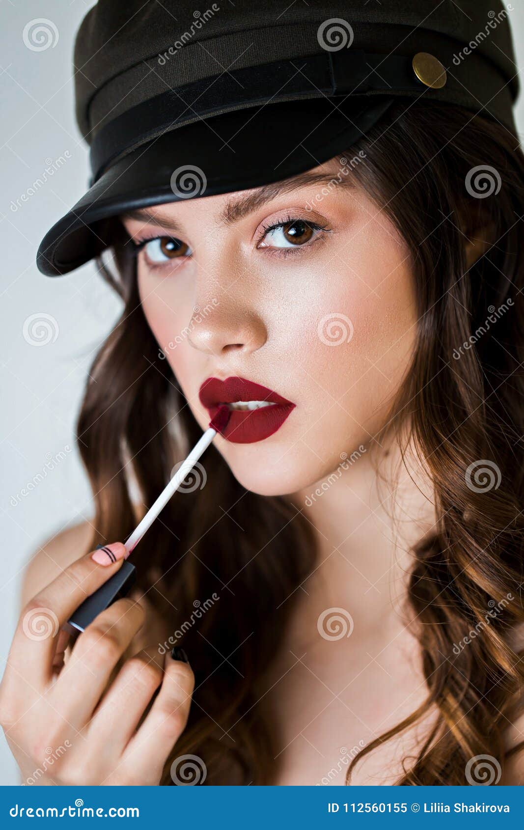 Young Woman Applying Red Lip Gloss Close Up Beauty Cosmetics Stock