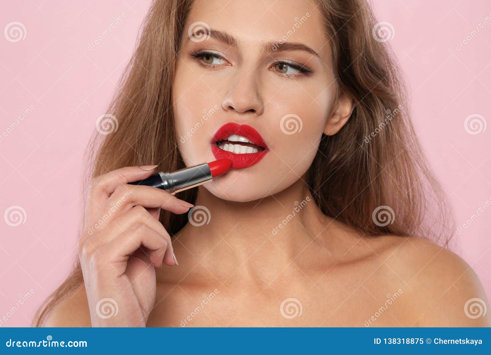 Young Woman Applying Red Lipstick Stock Image Image Of Color Model