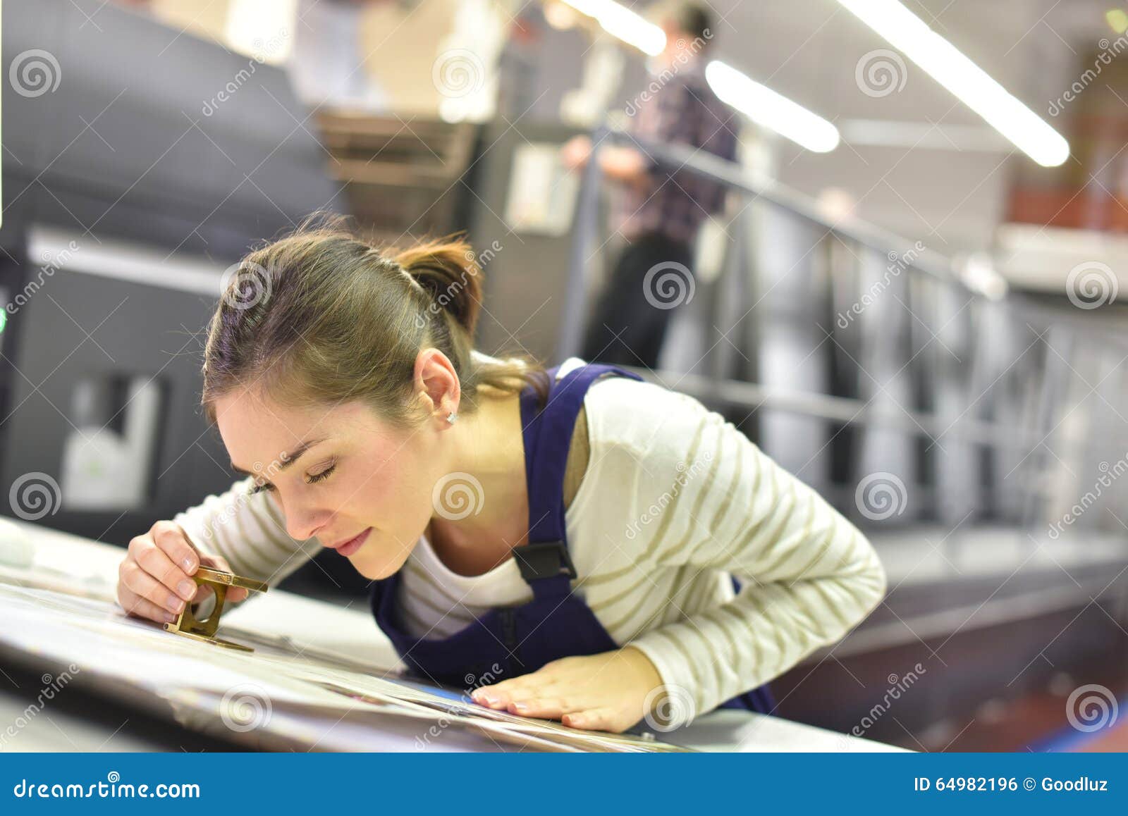Young Woman Apprentice in Printing Indutry Stock Photo - Image of check ...