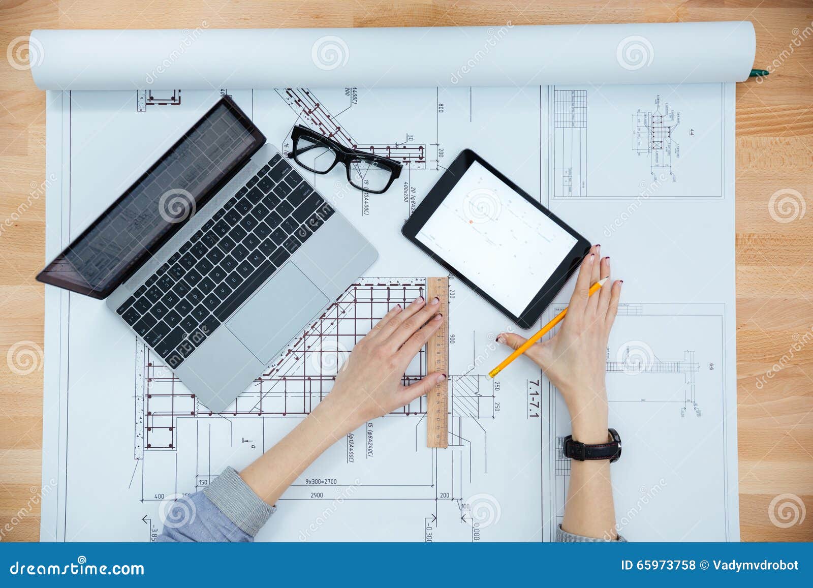 Young Woman Architect Working and Making Blueprint Stock Photo - Image ...