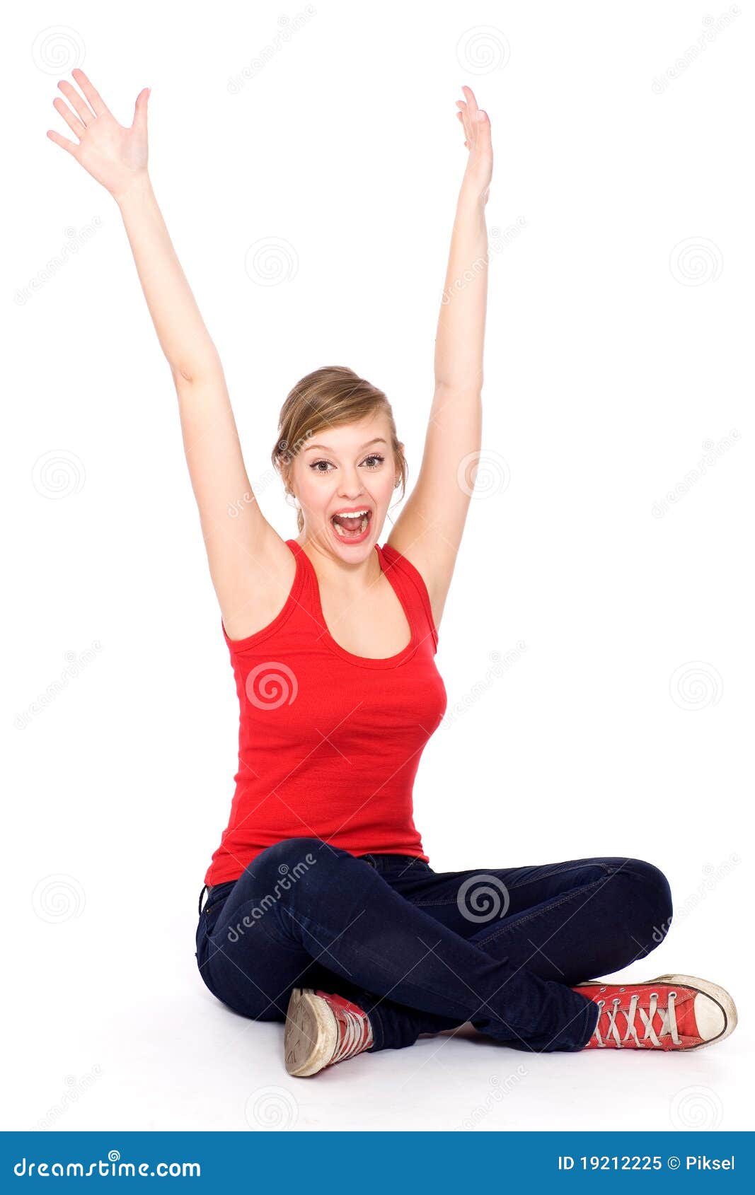Young Woman with Arms Raised Stock Image - Image of woman, smiling ...