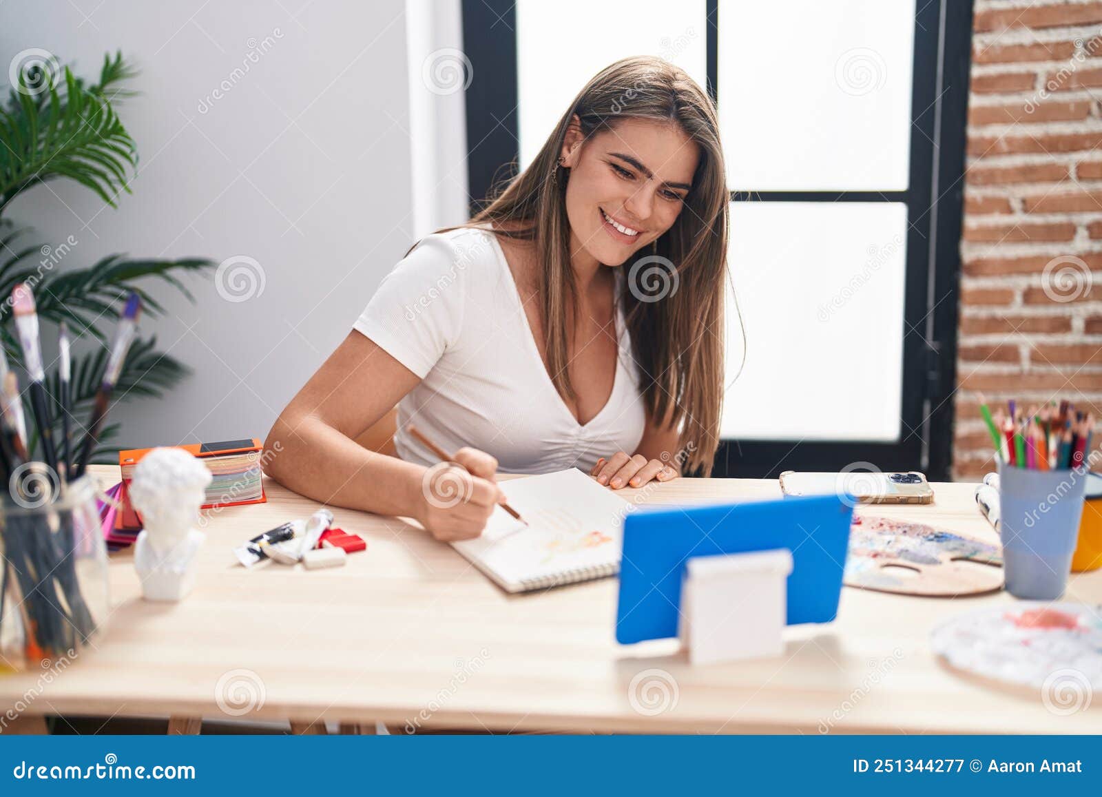 Young Woman Artist Using Touchpad Drawing at Art Studio Stock Image ...