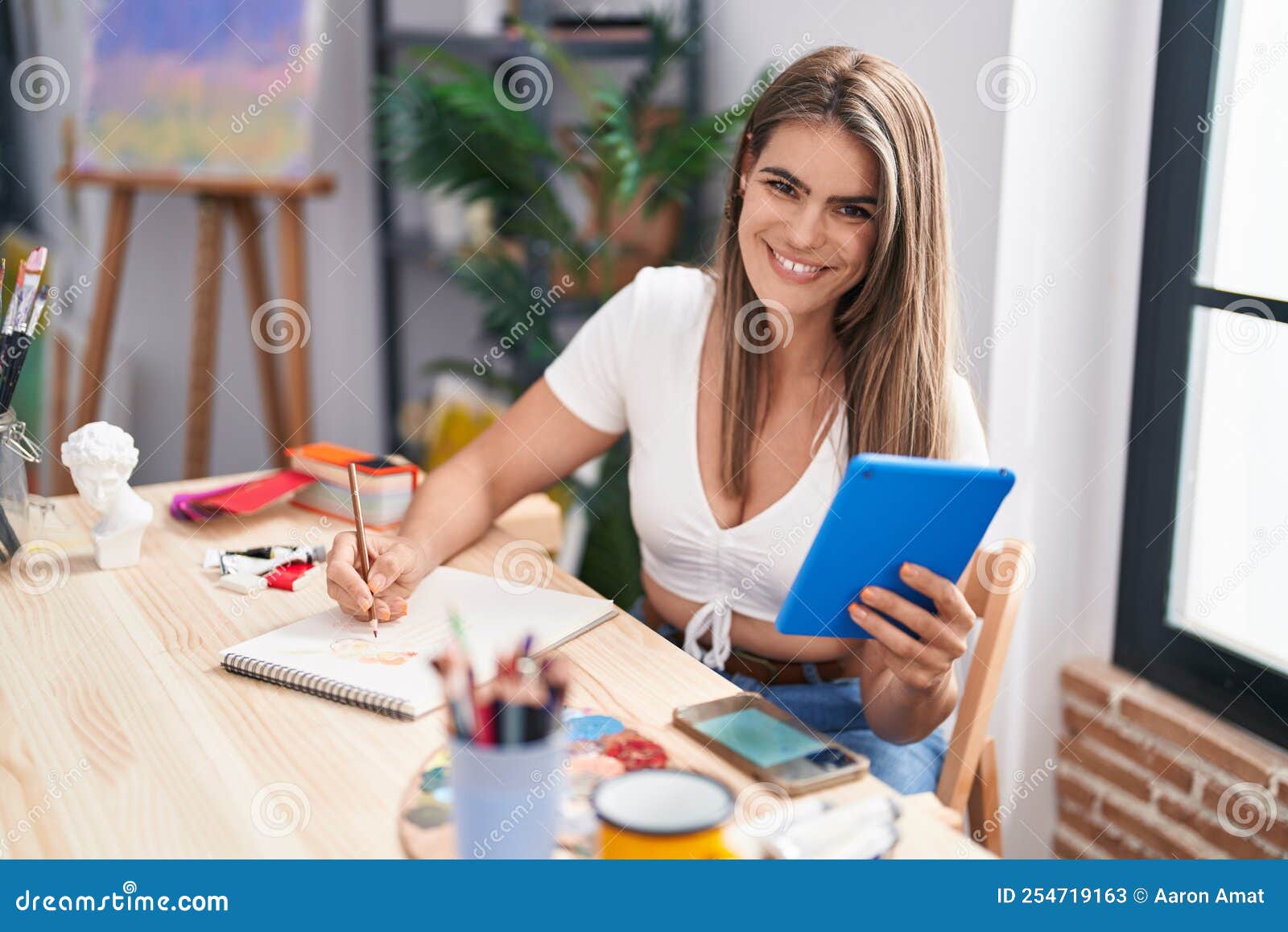 Young Woman Artist Using Touchpad Drawing at Art Studio Stock Image ...