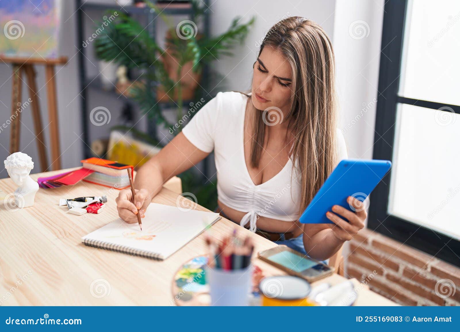 Young Woman Artist Using Touchpad Drawing at Art Studio Stock Image ...