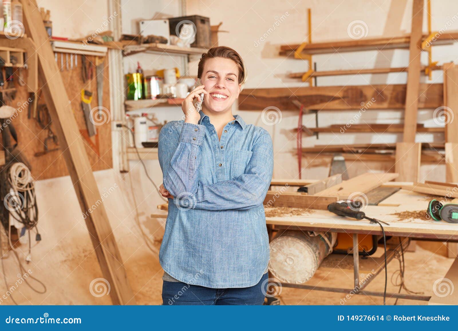 Craftsman Apprentice is Talking on the Phone Stock Photo - Image of ...