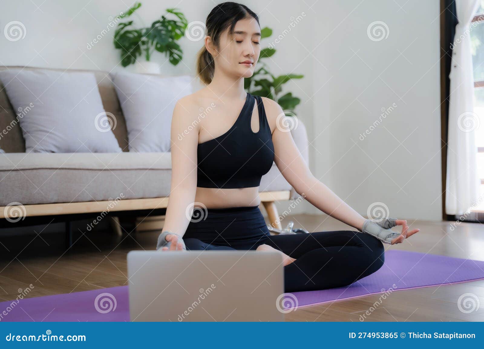 Young Woman Asian Practicing Breathing Exercise Stock Image - Image of ...