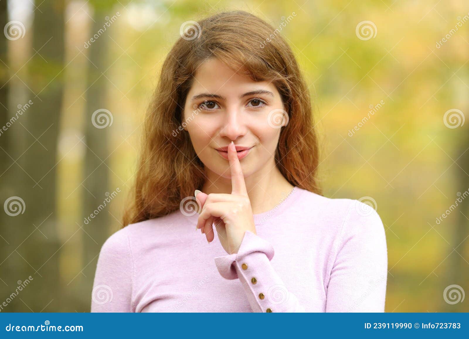 Young Woman Asking for Silence in a Forest Stock Photo - Image of ...