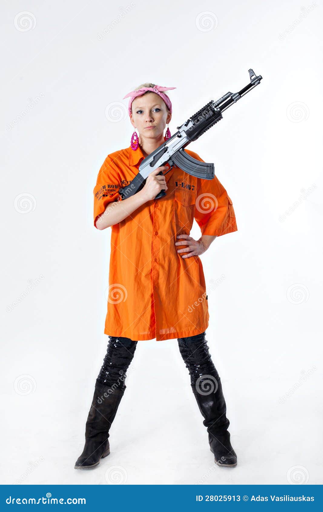 Young Woman with Automatic Rifle Stock Image - Image of orange ...