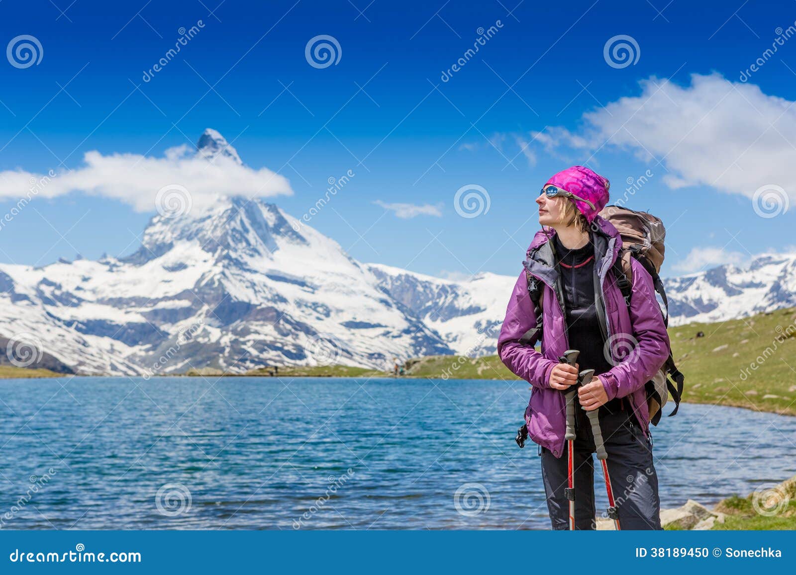 Young Woman with Backpack Hiking in the Mountains Stock Photo - Image ...