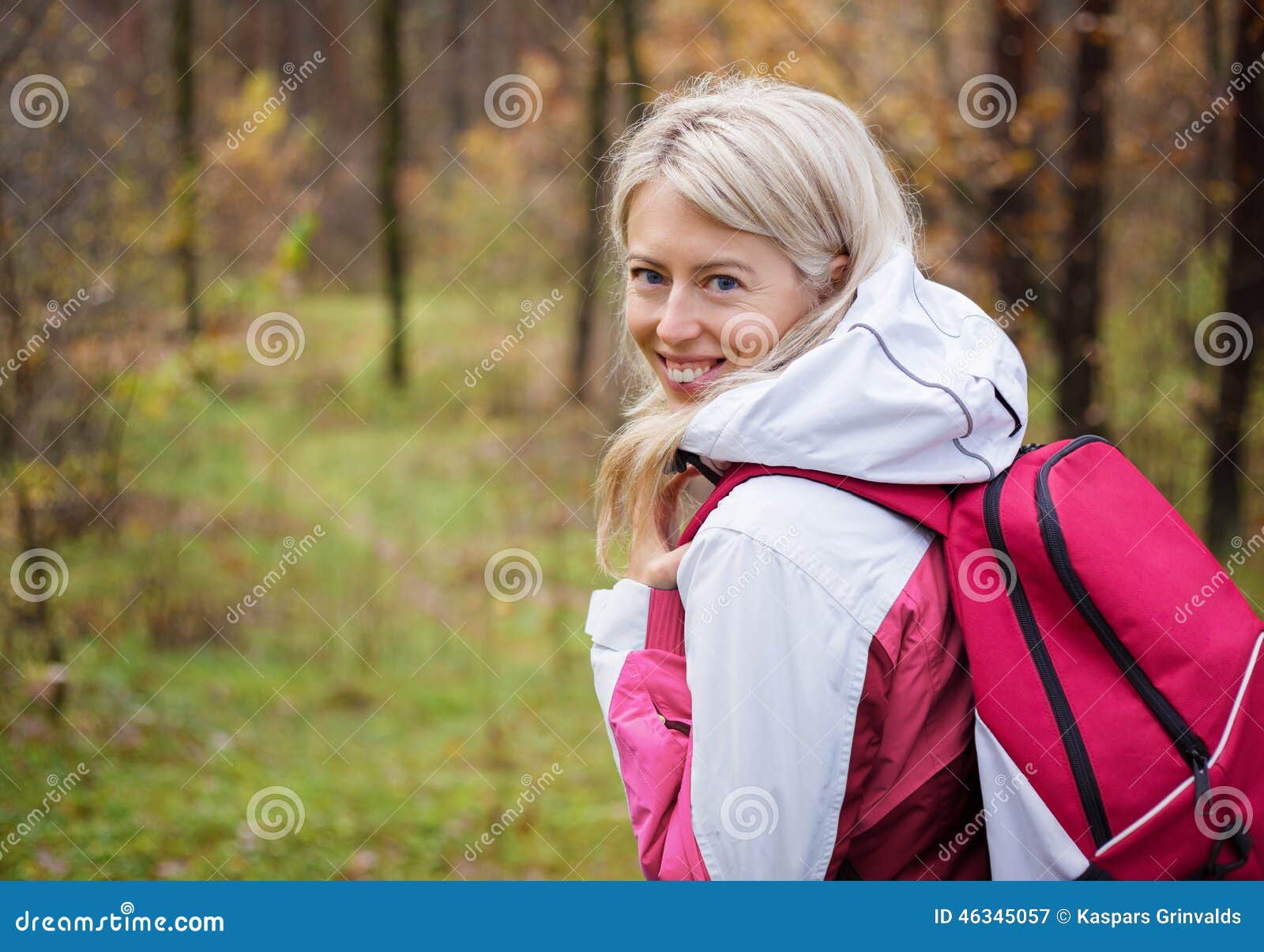 Young Woman with Backpack Hiking in Woods Stock Image - Image of forest ...