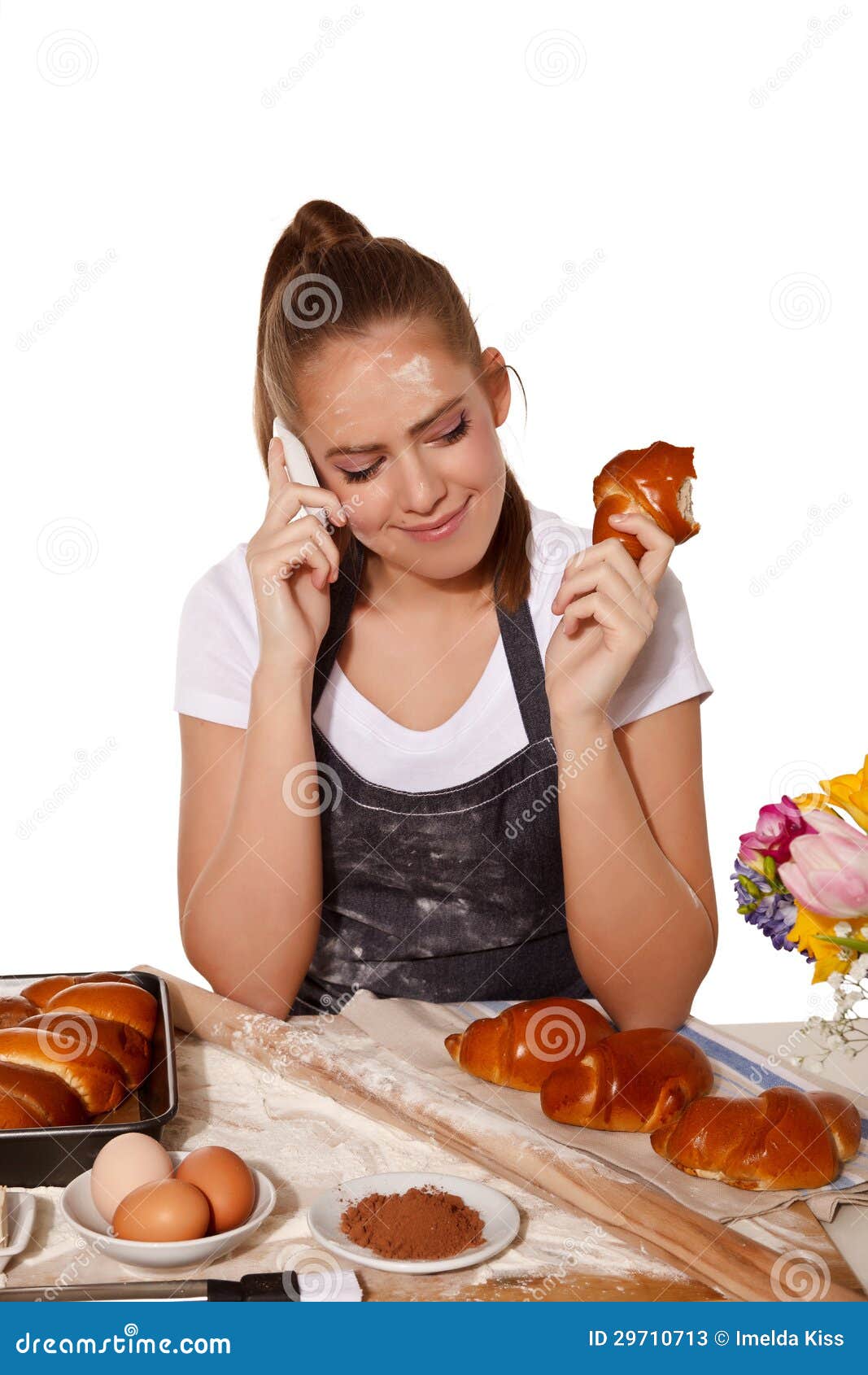 Young Woman Baking and Talking on the Phone Stock Image - Image of ...