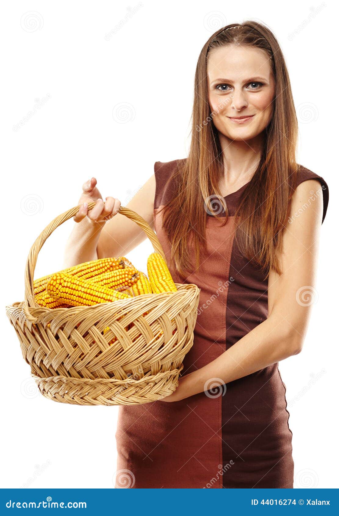 Young Woman with a Basket of Corn Stock Photo - Image of grain, farming ...