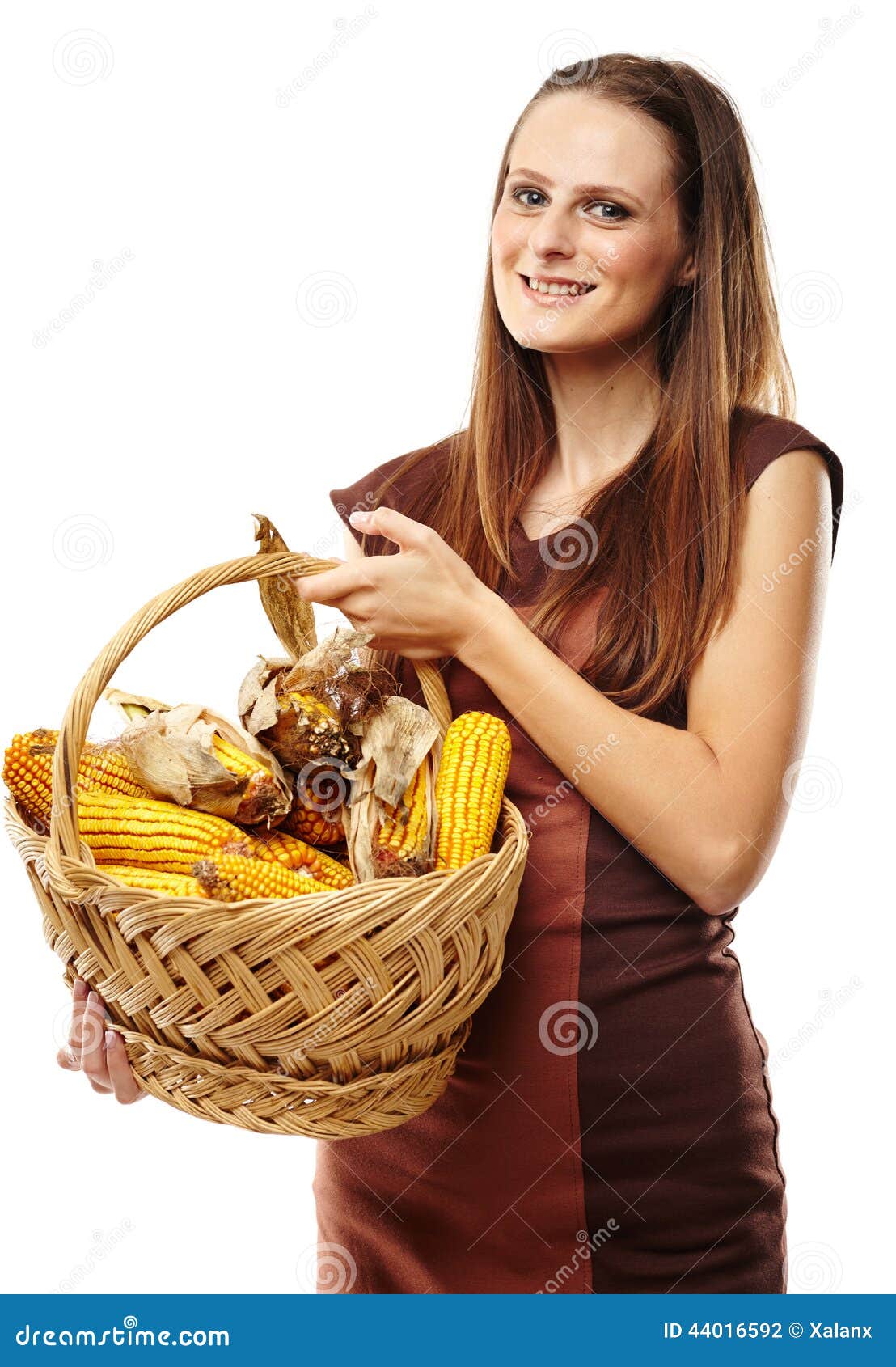 Young Woman with a Basket of Corn Stock Photo - Image of adult, joyful ...