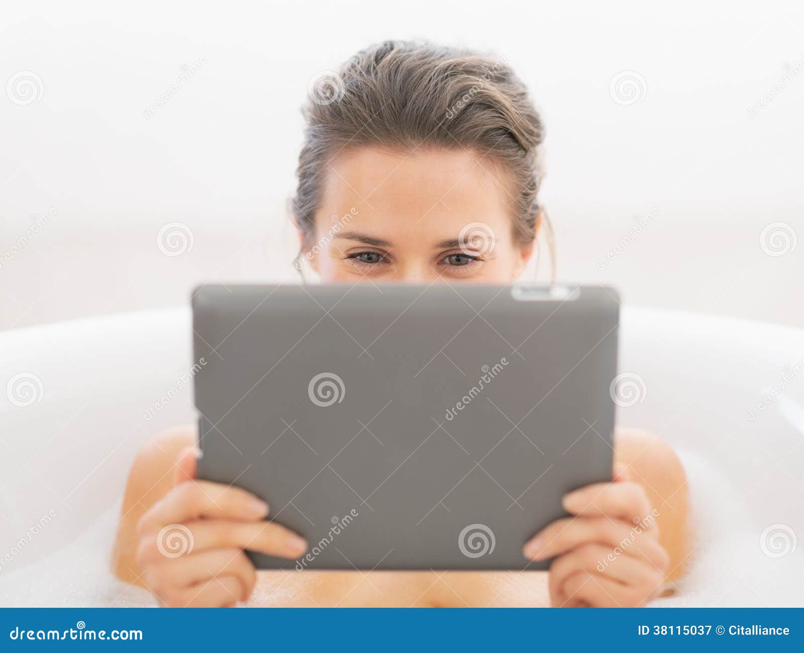Young Woman in Bathtub Using Tablet Pc Stock Image - Image of bathing ...
